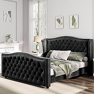 Nathaniel Home King Size Platform Bed Frame with Headboard, Velvet Upholstered Tufted Bed Frame King with Diamond Button Footboard, Bunkie Slats, Easy Assembly, No Box Spring Needed