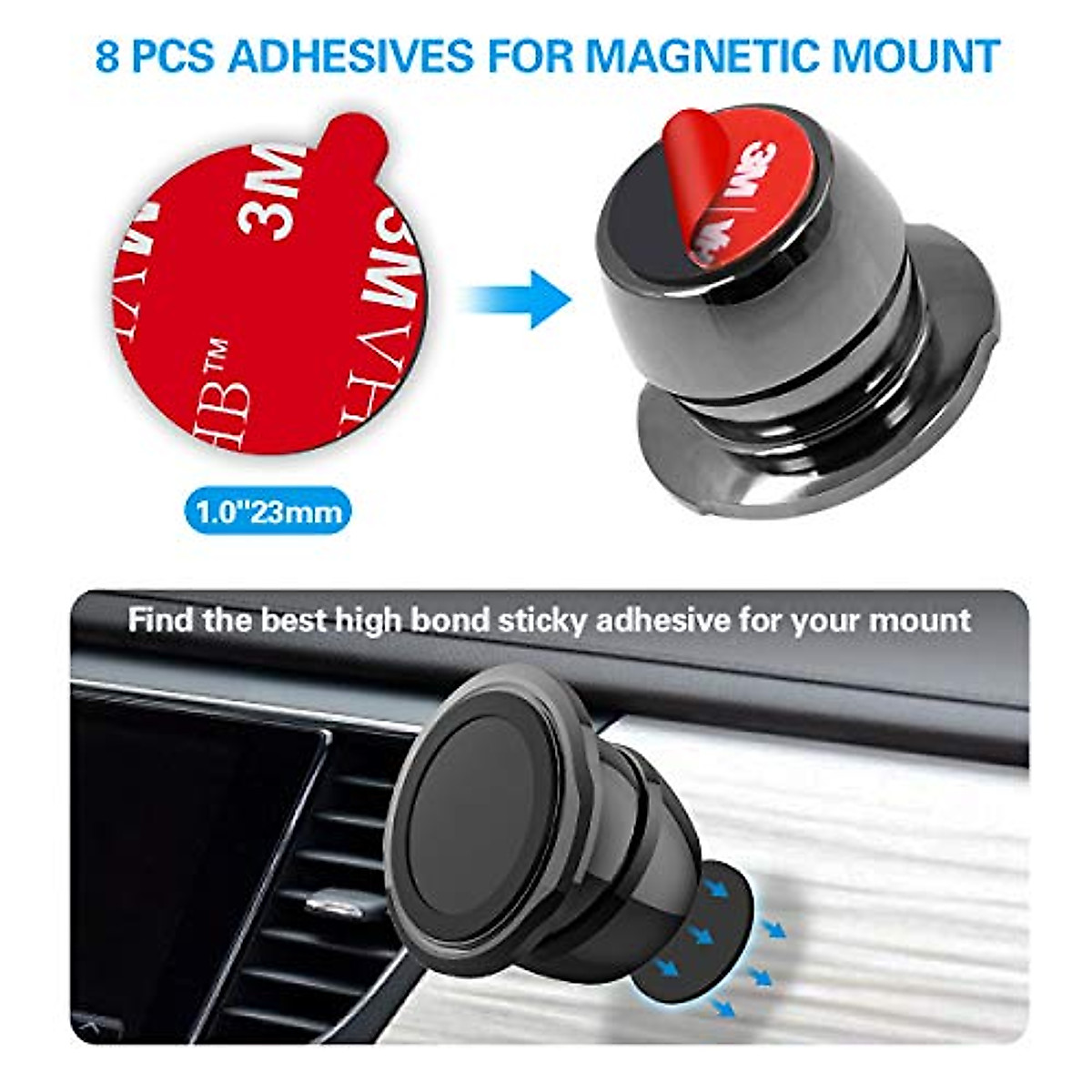 pop-tech Sticky Adhesive Replacement for Magnetic Car Mount, 8PCS Circular Heat Resistant 3M VHB Double Sided Strong Sticker Pads for Magnet Cell Phone Stand & Finger Ring Holder & Socket Grip Mount
