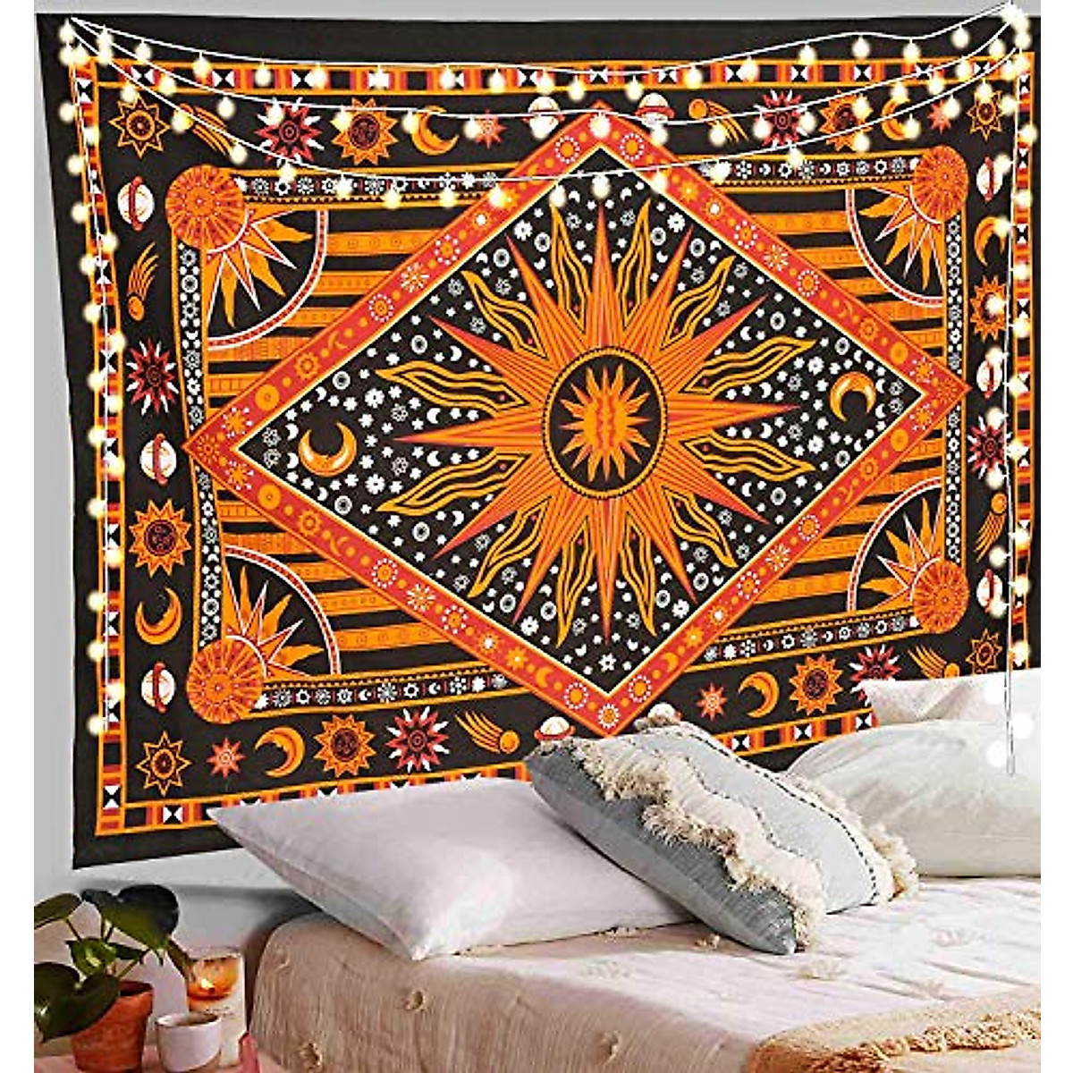 ANJANIYA Burning Sun Tie Dye Tapestry, Celestial Sun Moon Star Planet Bohemian Poster Tapestry Tarot Wall Hanging Boho Hippie Hippy Beach Coverlet Curtain (Orange, 30"X40")