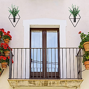 Jexine 2 Pcs Hanging Planters with Artificial Plants Metal Hanging Vase Indoor Plants Holder Modern Geometric Wall Decor for Living Room Home Office (Black, Eucalyptus)