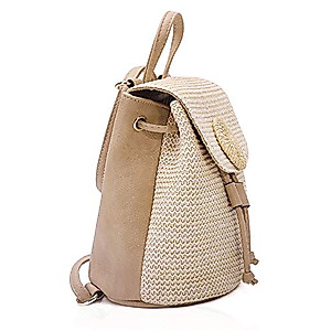 Teanea Small Straw Backpack Purse Beach Bag for Women Girls, Beige