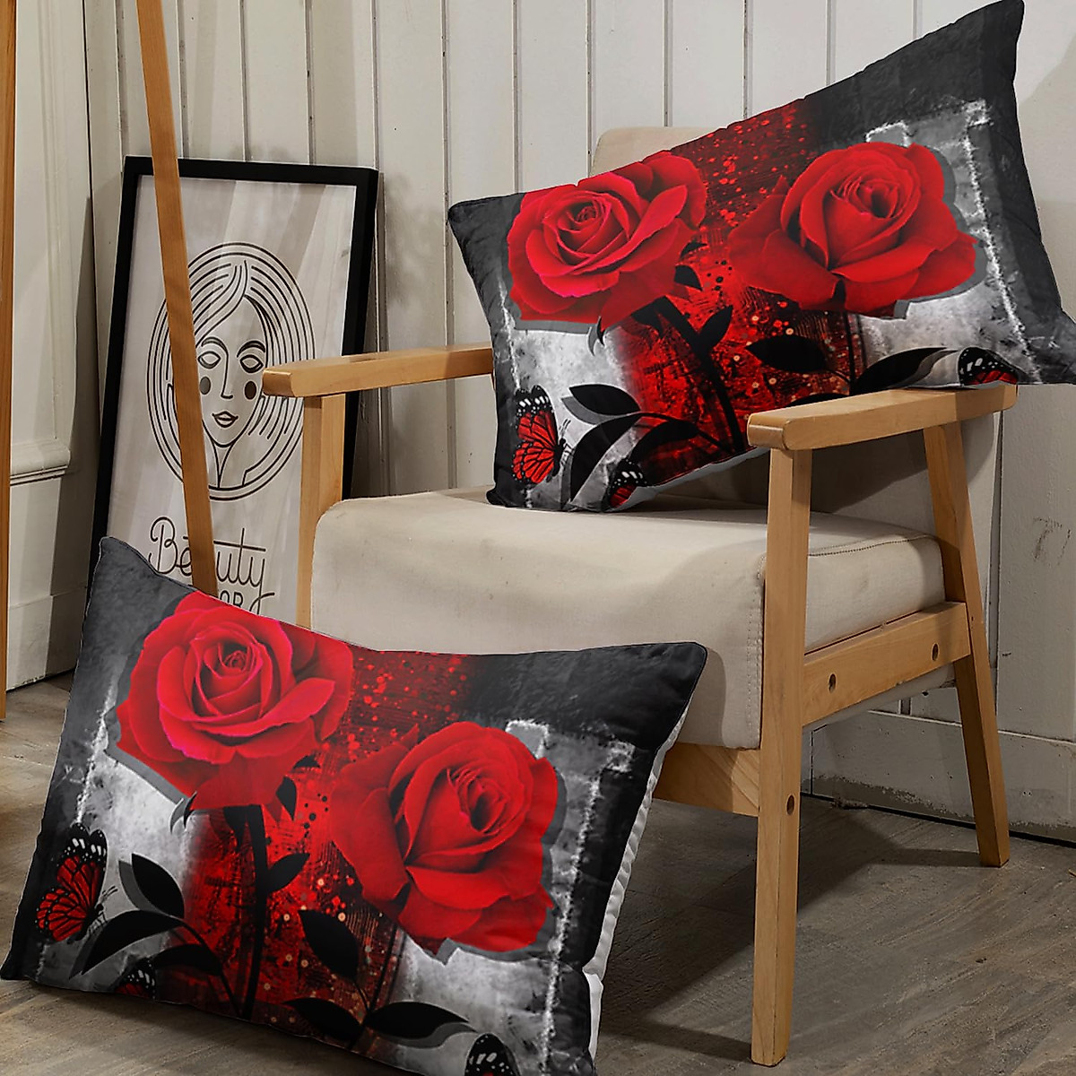 AILONEN Red Rose Duvet Cover Set King Size, Grey Retro Couple Rose Comforter Cover Set,3 Pieces Romantic Floral Butterfly Quilt Cover and 2 Pillowcases