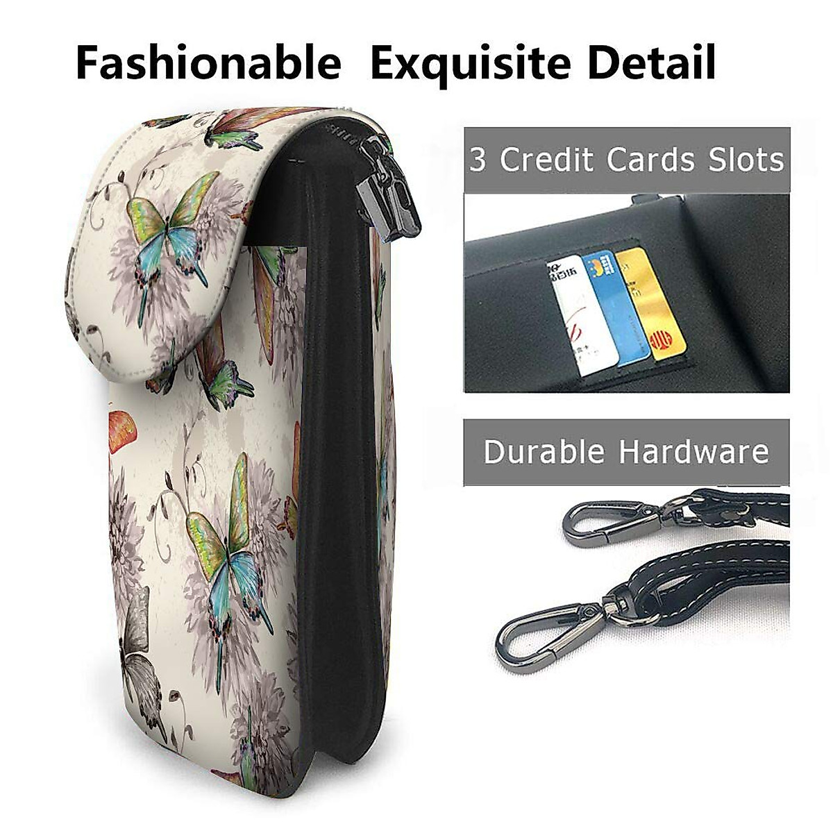 Beabes Vintage Flying Butterflies Crossbody Cell Phone Purse Flower Oriental Floral Botanical Art NatureWallet Handbag