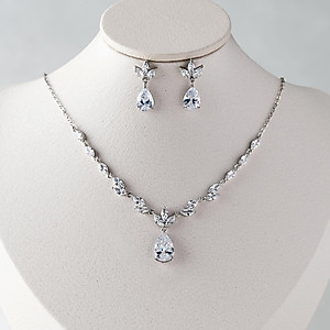 SWEETV Wedding Jewelry Set for Bride Bridesmaids, Teardrop Bridal Necklace Earrings Set, Cubic Zirconia Wedding Bridal Jewelry for Women