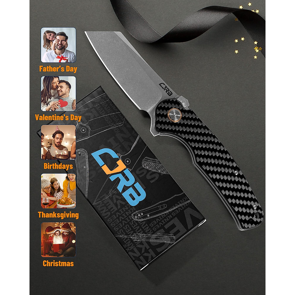 CJRB Crag Tactical Knife,Cleaver Pocket Folding Knife with Stonewash AR-RPM9 Steel Blade and Carbon Fiber Handle for Men Outdoor, Survival, Camping and EDC Black (J1904R)