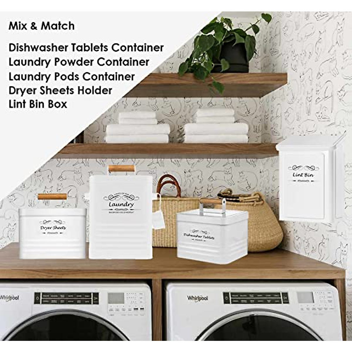 ELITAPRO Dryer Sheets Holder Modern Farmhouse Dryer Sheet Dispenser Container, Metal Dryer Sheet Box, Farmhouse Decor with Lid, Lint Bin for Laundry room, Storage Box, laundry room decoration, White