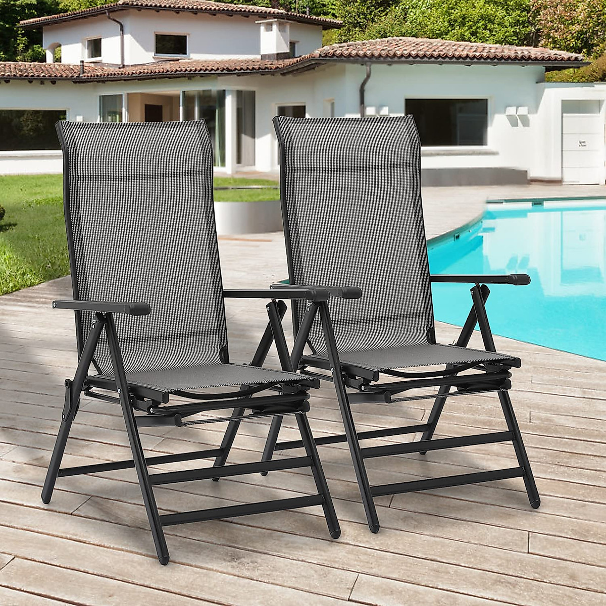 Magshion Outdoor Patio Folding Chairs Set of 2, Portable Dining Chairs with Armrests, Lounge Chairs with Footrests for Camping, Beach, Garden, Lawn, Pool, Backyard, Deck (Grey)