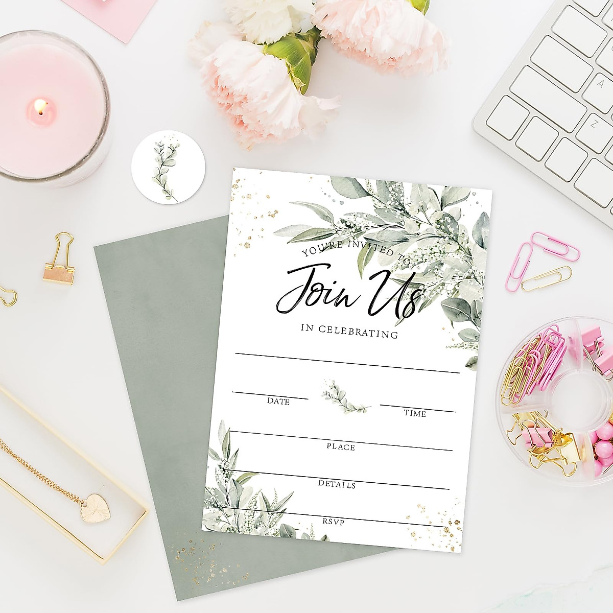 Whaline 25 Sets Greenery Invitations with Envelopes Stickers Sage Green Leaves Invitation Cards Blank Invites for Spring Wedding Reception Bridal Baby Shower Birthday Dinner Party, 5 x 7 Inch