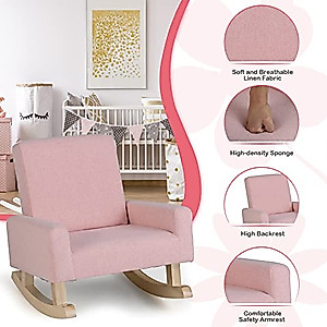 Costzon Kids Sofa, Rocking Chair with Solid Wood Frame, Linen Fabric, Anti-Tipping Design for Kids Room, Nursery, Playroom, Preschool, Birthday Gift for Boys Girls, Toddler Furniture Armchair (Pink)
