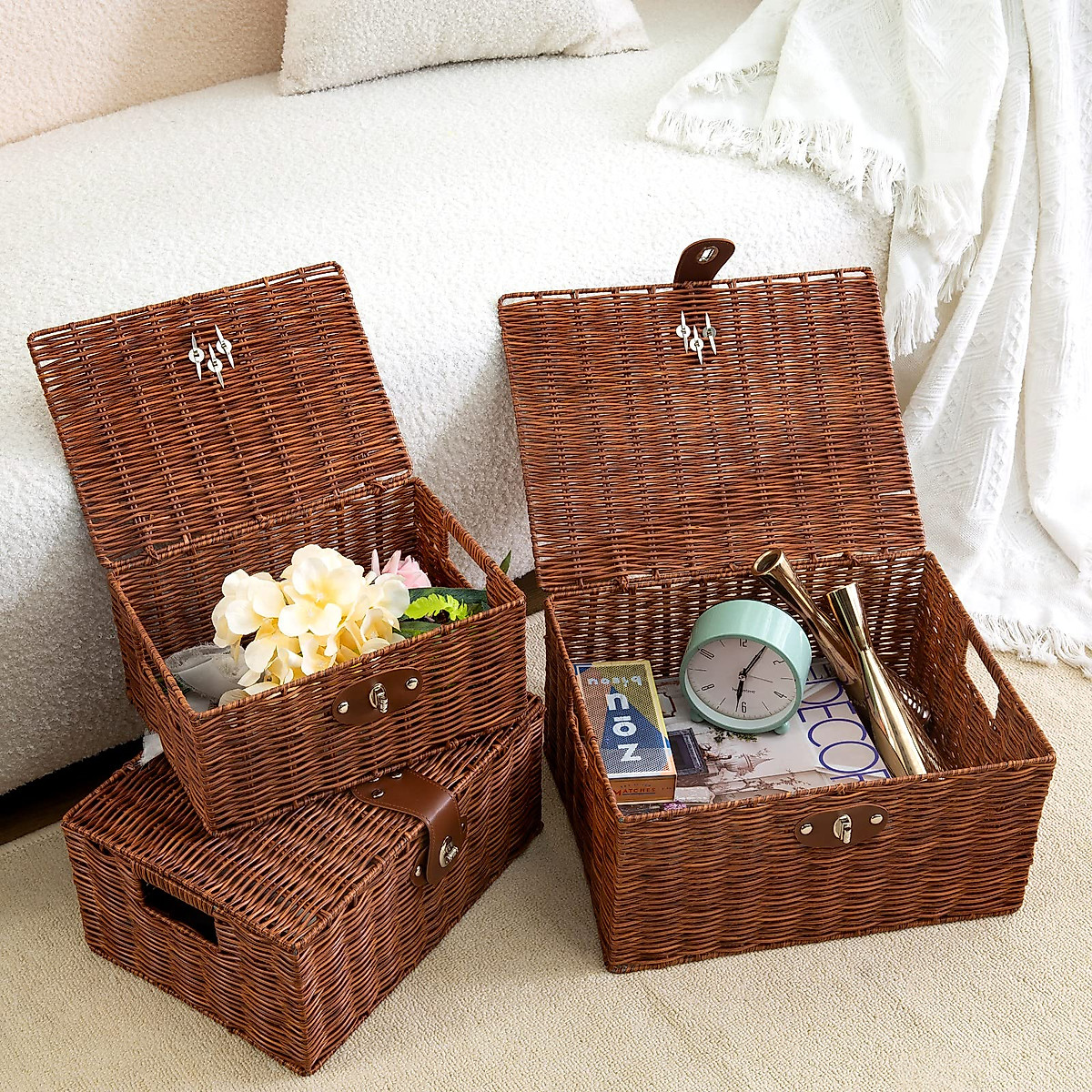 Homepeaz Set of 3 Woven Wicker Storage Basket Box with Lid & Lock, Built-in Carry Handles, Multifunctional Storage Organiser for Nursery, Baby, Clothes, Toys, Books, Large/Medium/Small Size (Natural)