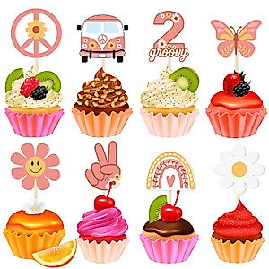 11Pcs Groovy Party Decorations, 2Pcs Two Groovy Banner 1PC Cake Toppers 8Pcs Hippie Party Cupcake Toppers Smile Daisy Flower Victory Peace Love Toppers for Baby Shower 2nd Birthday 70s Theme Boho