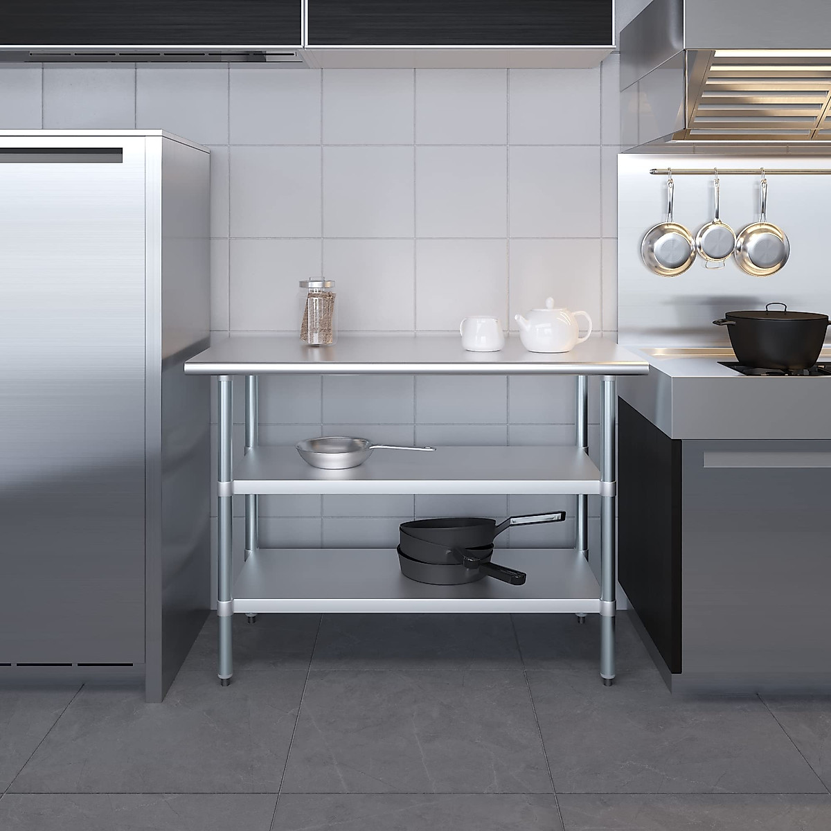 48" Long X 24" Deep Stainless Steel Work Table with 2 Shelves | Metal Food Prep Station | Commercial & Residential NSF Utility Table
