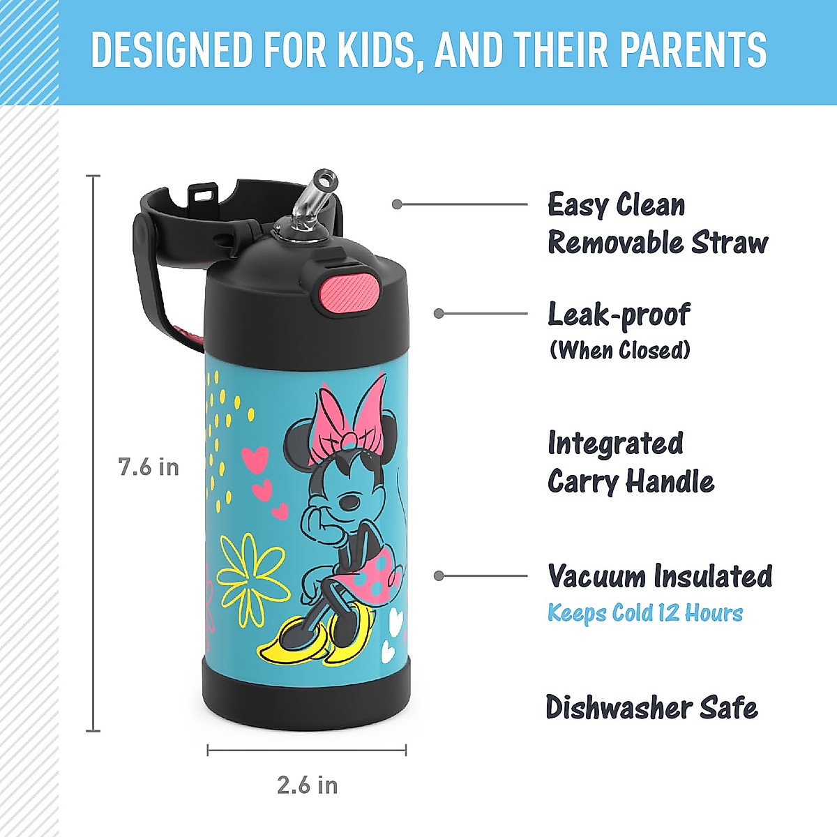 THERMOS FUNTAINER Water Bottle with Straw - 12 Ounce, Minnie Mouse - Kids Stainless Steel Vacuum Insulated Water Bottle with Lid