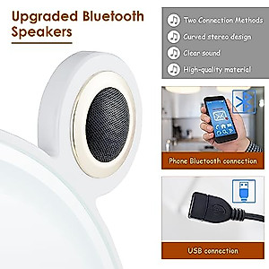 KOTEK Vanity Desk with Touch-Screen Mirror, 3 Lighting Modes, Bluetooth Speakers, Dressing Table with 4 Drawers & Cushioned Stool, Makeup Vanity Table Set for Bedroom Small Space, White