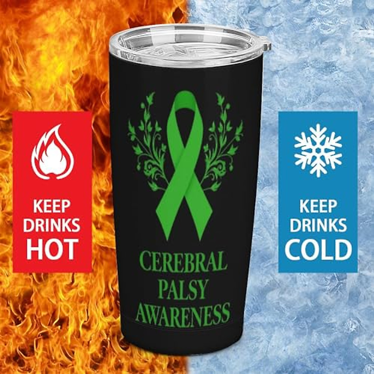 Cerebral Palsy Awareness Green 20 OZ Stainless Steel Tumbler Travel Car Coffee Mug with Straw Lid Cleaning Brush Coffee Tumbler Mug for Women Men
