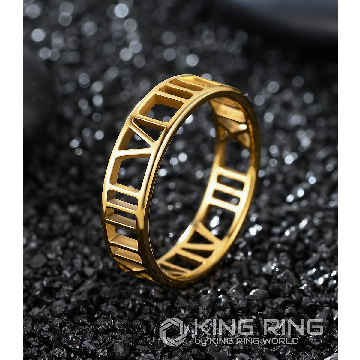 King Ring 6mm Roman Numeral Ring – Stainless Steel Delicate & Durable Ring Jewelry – Hollow Out Finger Ring – Unique Design & Elegant Outlook – Gold 8