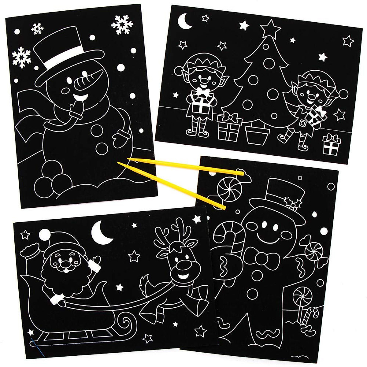 Baker Ross AX489 Christmas Scratch Art Picture Kits - Pack of 10, Ideal for Kids Arts and Crafts, Educational Toys and Gifts for Children