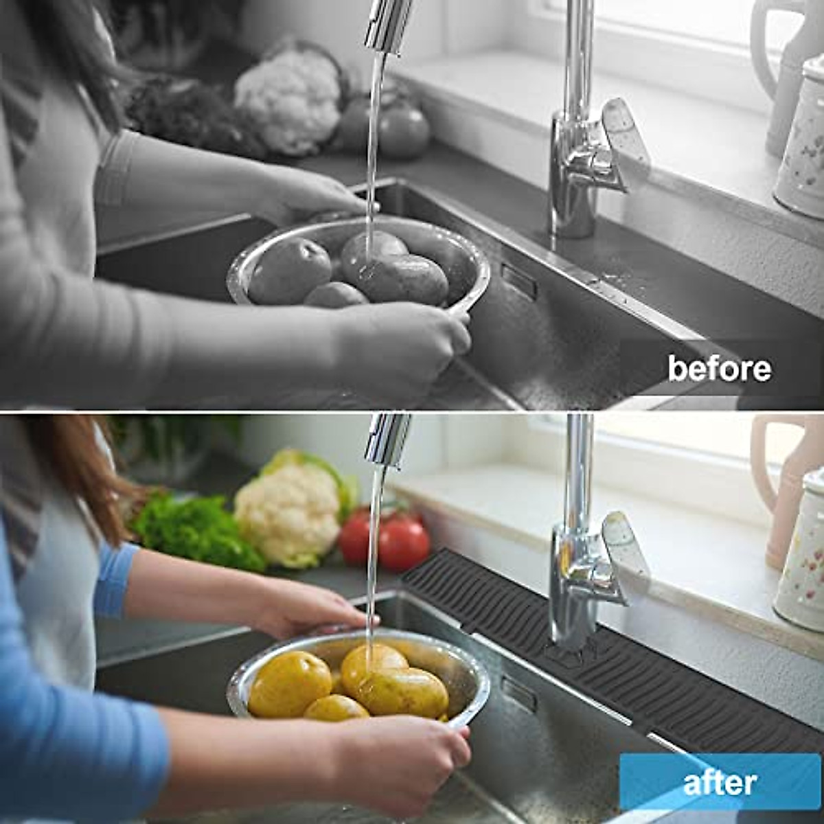 Derlights 30 inch Sink Splash Guard Mat,Silicone Faucet Handle Drip Catcher Tray, Longer Silicone Sink Mat for KitchenBathroom, Drip Protector Splash Countertop (black)