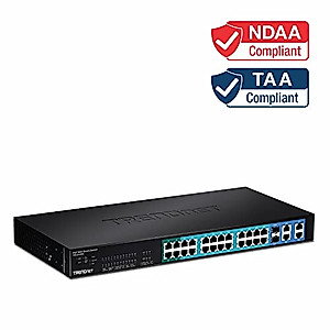 TRENDnet 28-Port 10/100Mbps Web Smart PoE+ Switch, 20 x PoE Ports, 4 x PoE+ Ports, 2 x Gigabit Ports, 2 x Shared Gigabit Ports (RJ-45 or SFP), Rack Mountable, Lifetime Protection, Black, TPE-224WS