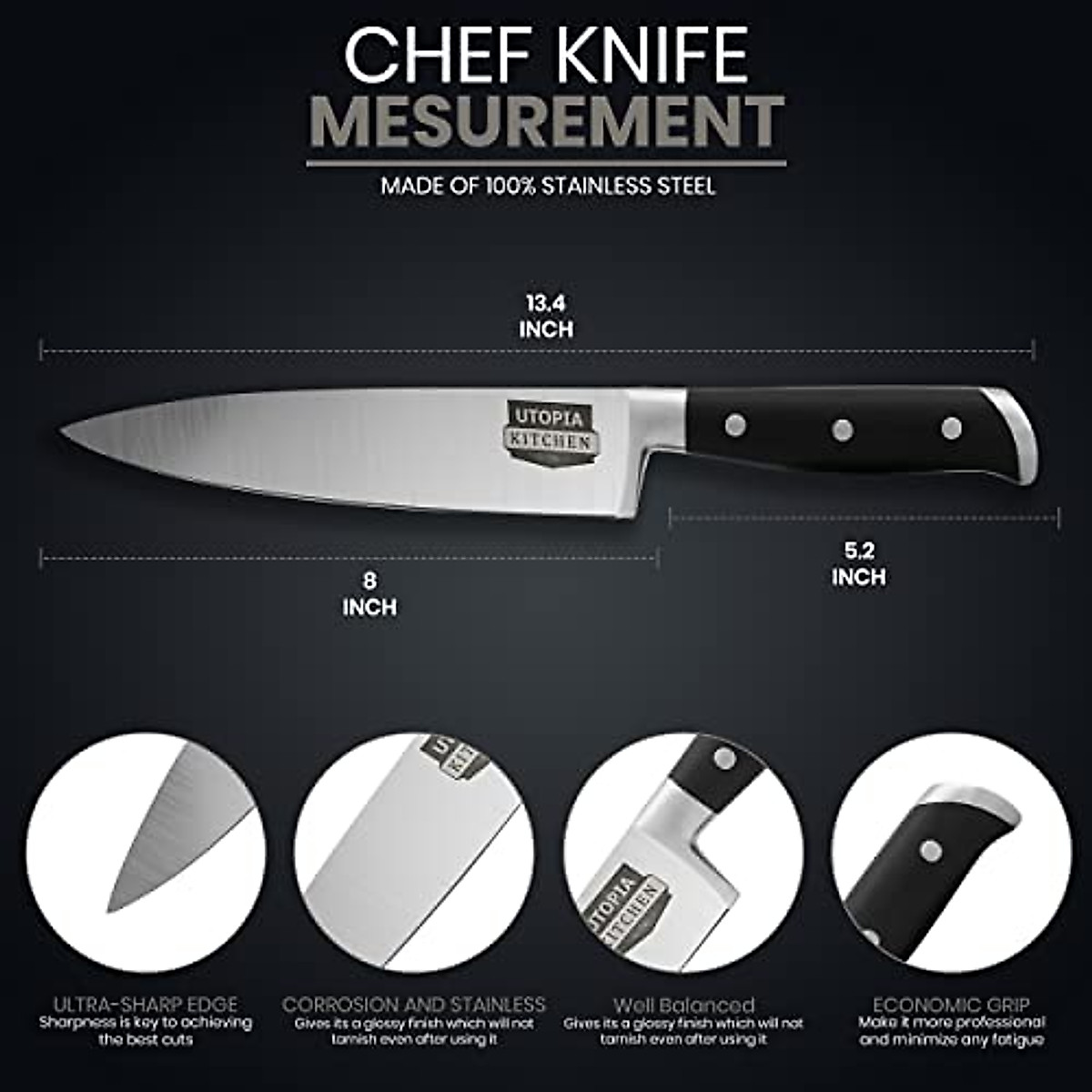 Utopia Kitchen 8 inch Chef Knife Cooking Knife Carbon Stainless Steel Kitchen Knife with Sheath and Ergonomic Handle - Chopping Knife for Professional Use (Black)