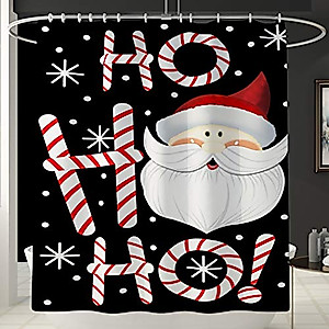 YANR Black Merry Christmas Shower Curtain Sets with Non-Slip Rug Toilet Lid Cover and Bath Mat Santa Ho Ho Ho 4 PCS Shower Curtain with 12 Hooks for Holiday Decoration