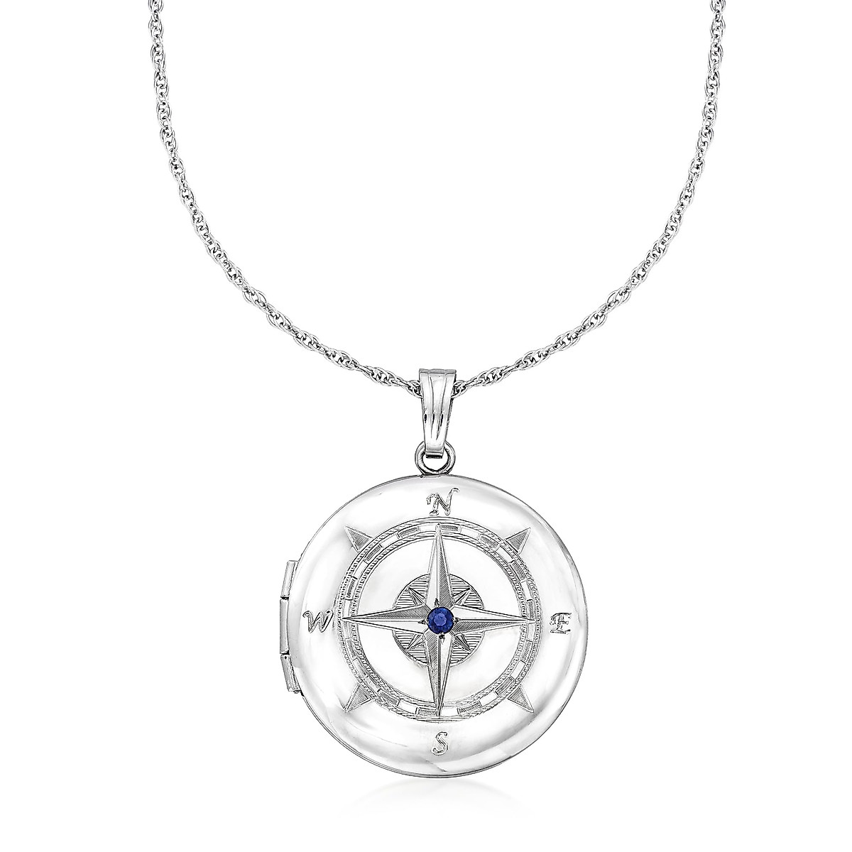 Sterling Silver Compass Locket Necklace With Sapphire Accent. 18 inches