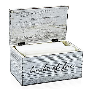 Queen and Oak Dryer Sheet Holder - Rustic Farmhouse Wooden Box with Hinged Lid Dispenser for All Fabric Softener Sheets High Capacity Laundry Room Decor Grayish White 8*4.8*4 inch