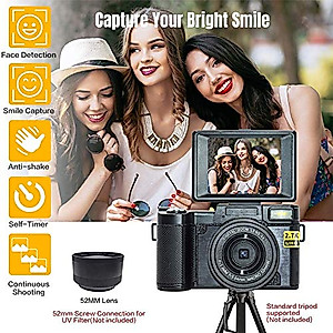 CEDITA 2.7K Digital Camera Vlogging Camera 30MP Full HD Digital Camera with Retractable Flash Light Camera 3 Inch Flip Screen Vlogging Camera for YouTube with Two Batteries, Black