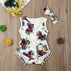 Merqwadd Infant Baby Girls Floral Romper Bodysuit Sleeveless Jumpsuit Outfit Summer Clothes (Floral-white, 12-18 Months)