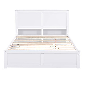 Lifeand Full Size Storage Platform Wooden Bed with Pull Out Shelves and Twin Size Trundle, White