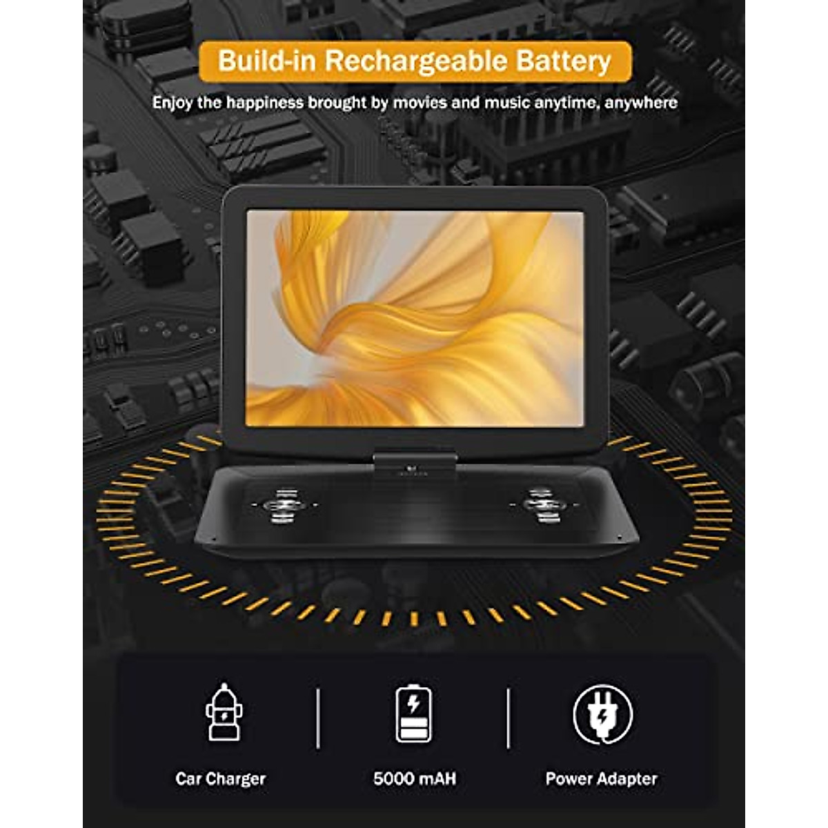 WONNIE 17.9’’ Large Portable DVD/CD Player with 6 Hrs 5000mAH Rechargeable Battery, 15.4‘’ Swivel Screen，1366x768 HD LCD TFT, Regions Free, Support USB/SD Card/ Sync TV , High Volume Speaker