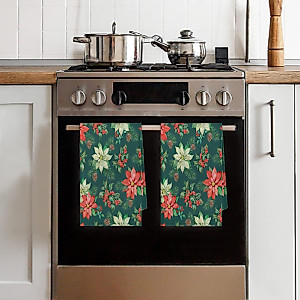 Christmas Red White Poinsettia Flowers Kitchen Towels and Dishcloths Set of 4-17.7" x 28.3" Absorbent Dish Towels with Hanging Loop Hand Towel for Farmhouse Bar Towels & Tea Towels