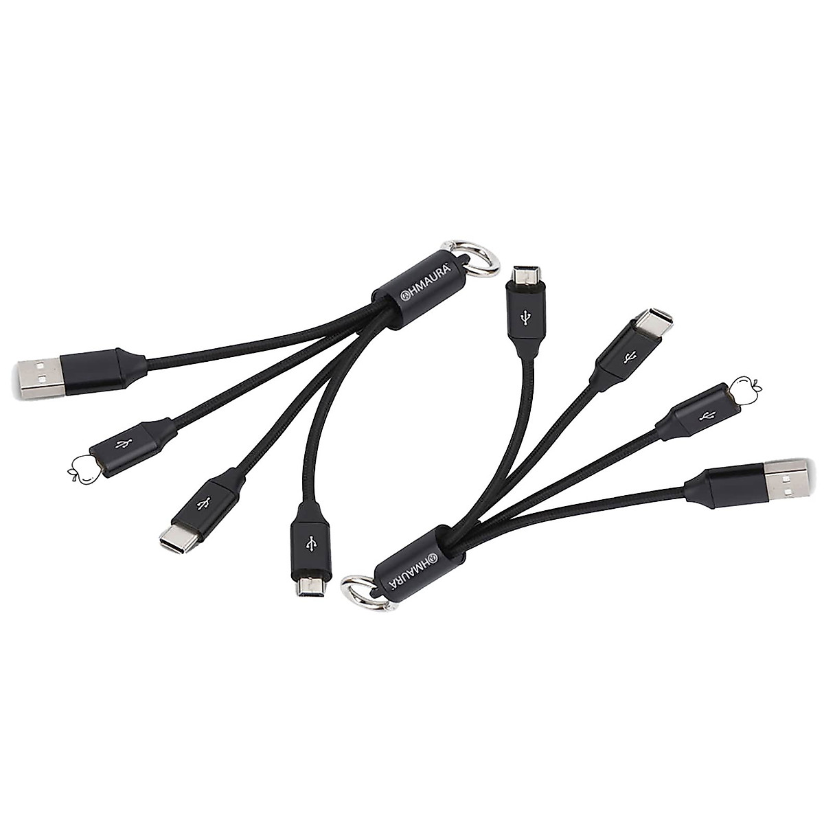 OHMAURA- Multi Charging Cable, 3 in 1 (2 - Pack) USB Cable with Keychain, Universal Portable Fast Charging Cable with 8 pin/TypeC/Micro Cable for All of Your Devices. (Black)