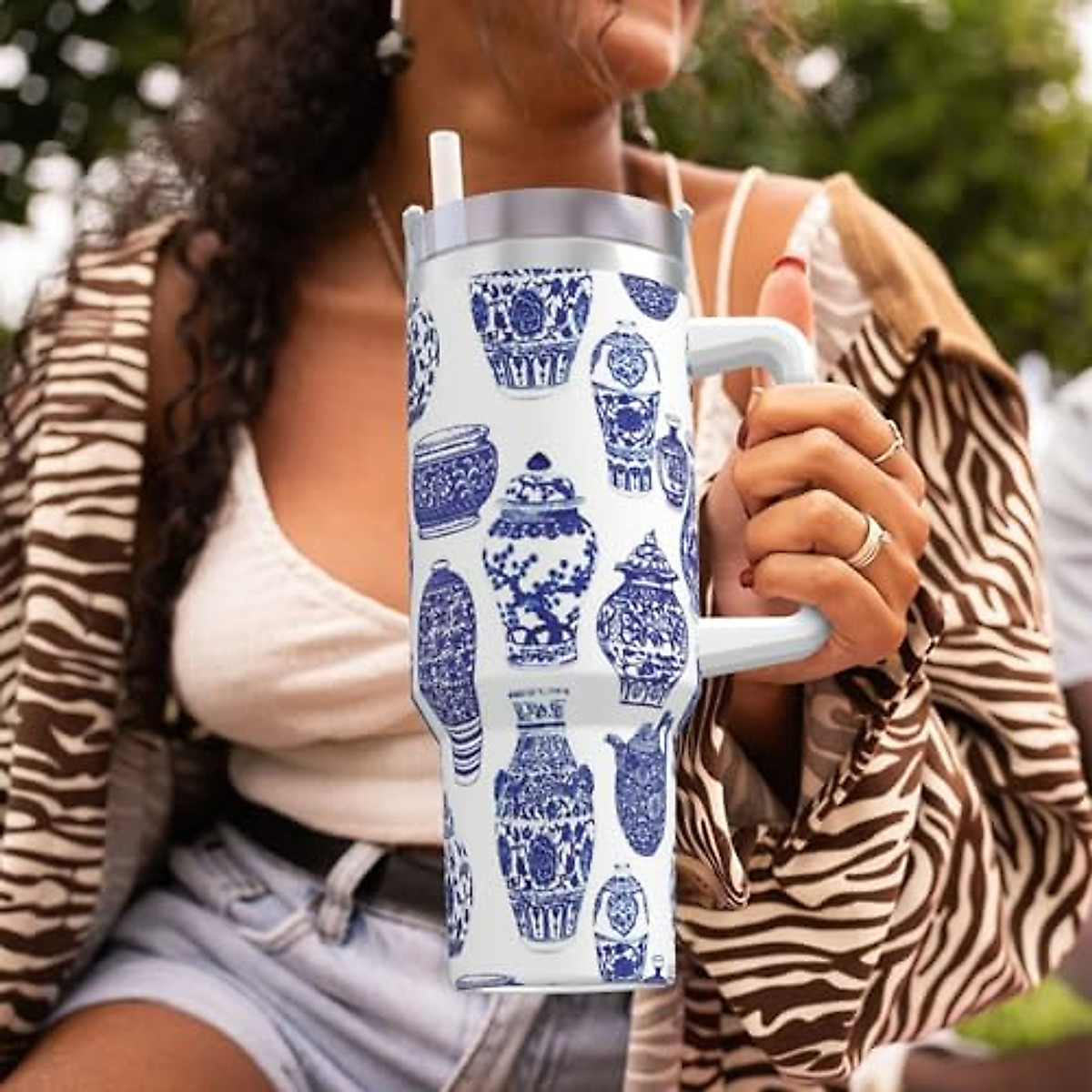 Xiexide 40oz Fits Cup Holder Sports Blue And White Porcelain Chinese Style Chinoiserie Antique Double Walled Vacuum Insulatedith Handle And Straw,Hot & Cold Drinks
