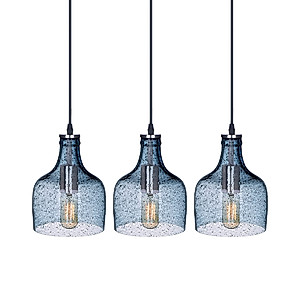 CASAMOTION Pendant Lights Kitchen Island Table Hand Blown Blue Glass Pendant Lighting Dining Room Black Marble Seeded Modern Ceiling Hanging Fixtures Brushed Nickel 8.2 Inch Height 3 Pack