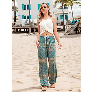 QIANXIZHAN Women's Harem Pants, Hippie Palazzo Pants Boho Joggers Yoga Clothes with Pockets Cyan Flower 2XL