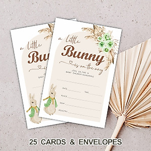JCVUK Baby Shower Invites,Boho Bunny Theme Baby Shower Invitation Cards With Envelopes(25 Pack), Green Bunny Baby Shower Decorations And Supplies For Boys Girls(YQK-B06)