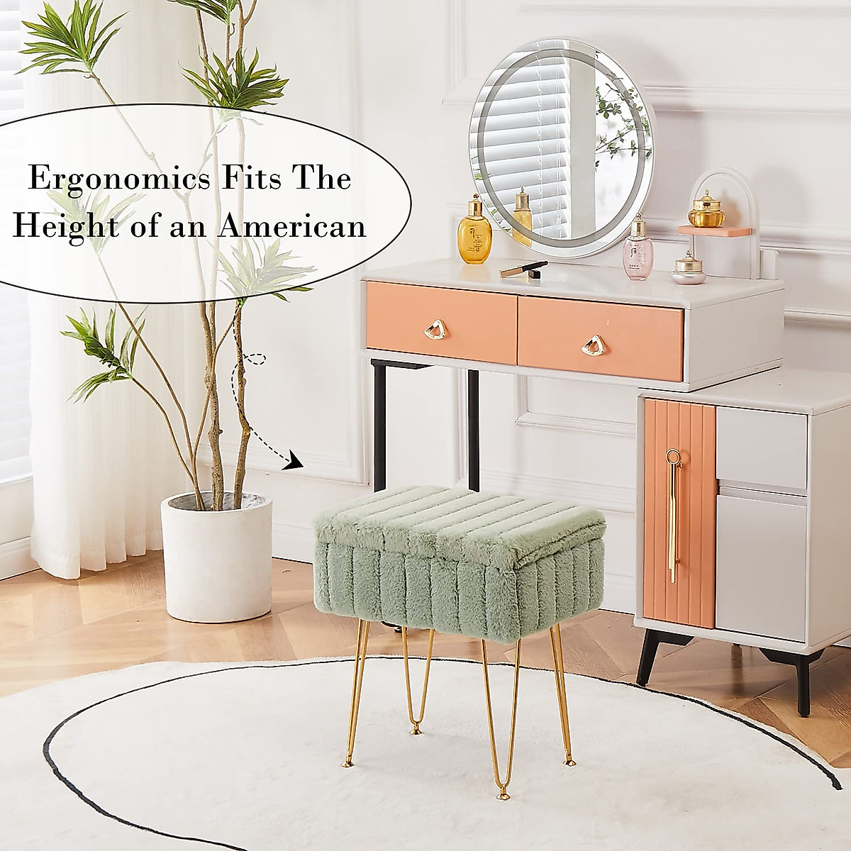 Wimarsbon Faux Mink Fur Storage Ottoman, Modern Soft Footstool, Storage Bench with Metal Legs, Vanity Seat, Fur Stool, Ottoman Coffee Table, Makeup Chair, Vanity Stools for Bedroom (Light Green)