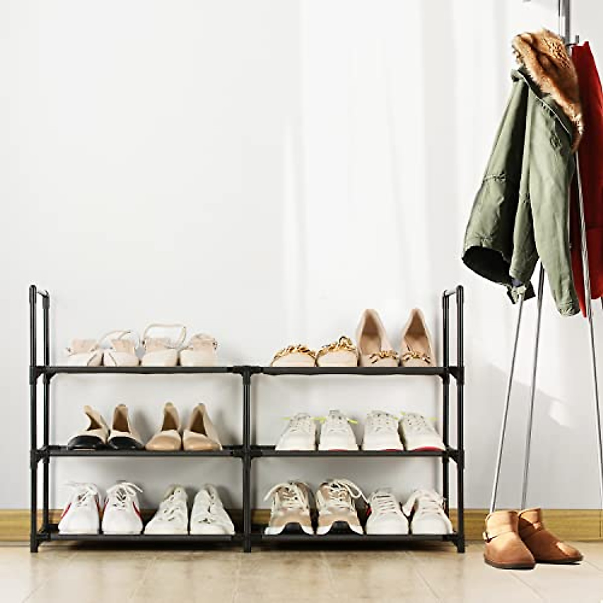 HODYANN 3 Tiers Shoe Rack, 12-15 Pairs Shoe Rack Organizer, Space Saving Non-Woven Fabric Metal Shoe Shelf, Stackable Shoe Rack for Closet, Black (Black3-D)