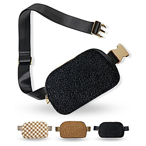 Boutique Fleece Belt Bag | Sherpa Crossbody Bag Fanny Pack for Women Fashionable | Cute Mini Everywhere Bum Hip Waist Pack | Small Fashion Travel Chest Bag | Gold Accessories | Adjustable Small Strap | Black