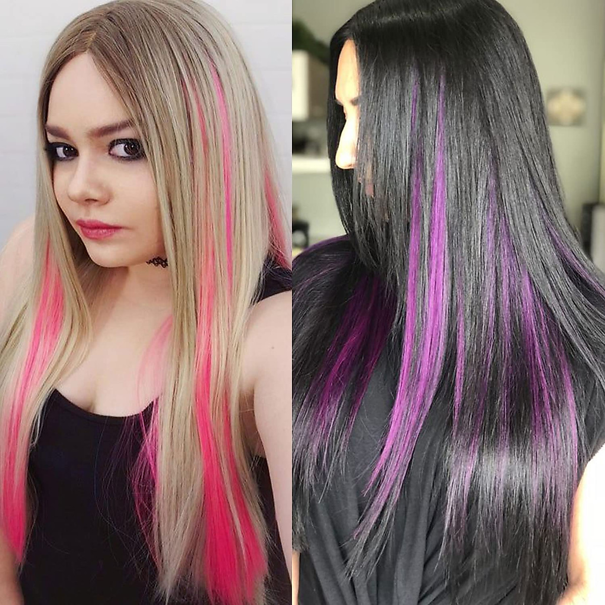 Rhyme Pink Purple Hair Extensions for Girls 21 inch Highlight Princess Party Colored Hair Extensions Clip in/on for Girls and Kids Hair Accessories Wig Pieces 8PCS (Pink Purple)