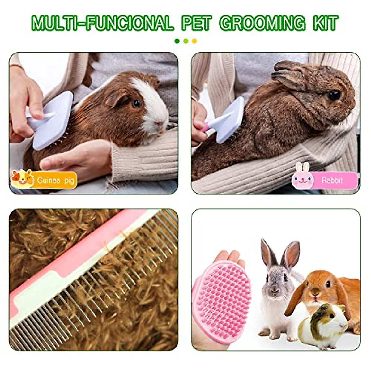 Crafterlife Small Animal Pet Grooming Kit with Pet Shedding Slicker Brush, Bath Massage Glove, Pet Grooming Comb, Nail Clipper Trimmer for Rabbit, Puppy, Kitten, Guinea Pig, Hamster, Ferret (Pink)