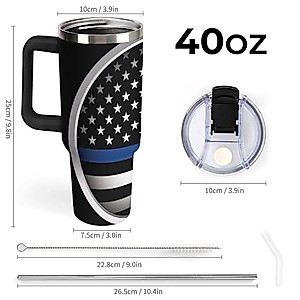 40 oz Tumbler, Large Capacity with Handle and Straw Travel Insulated Tumblers, Thin Blue Line American Flag Ring Black Stainless Steel Cup for Women, Men