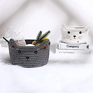 Cat Basket Storage Woven Basket Organizer with Ears Decorative Pet Toy Cute Basket Cotton Rope Basket for Gifts Cat Dog Toy Bin Nursery Room Kids Toy (Gray, 8.3 x 4.7 Inch)