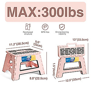 Korpai The Latest 9" Folding Step Stool for Adults and Kids Holds Up to 300 lbs,Non-Slip Folding Stools with Portable Handle, Compact Plastic Foldable Step Stool for Bathroom,Kitchen,Sakura Pink,1PC