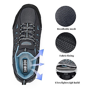 SHULOOK Hiking Shoes Women | Waterproof Shoes for Women | Comfortable & Light-Weight & Non-Slip | Women's Hiking Shoes Walking Trekking Camping Tennis Sport Sneakers grey blue 9.5