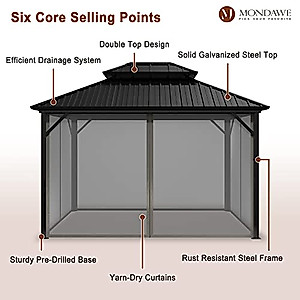 MONDAWE 10x12Ft Hardtop Gazebo with Netting Heavy Duty Permanent Gazebo Galvanized Steel Double Roof Pavilion Steel Frame Canopy Outdoor for Patio Lawn Garden