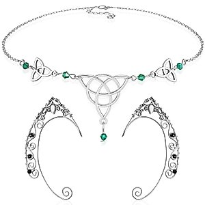 Boho Head Chain Elf Ear Cuffs Elf Fairy Earrings Jewelry Crystal Hair Chain Renaissance Headpiece Irish Headpieces Elven Ear Cuffs Clip on Filigree Earrings for Women Halloween Cosplay Costume