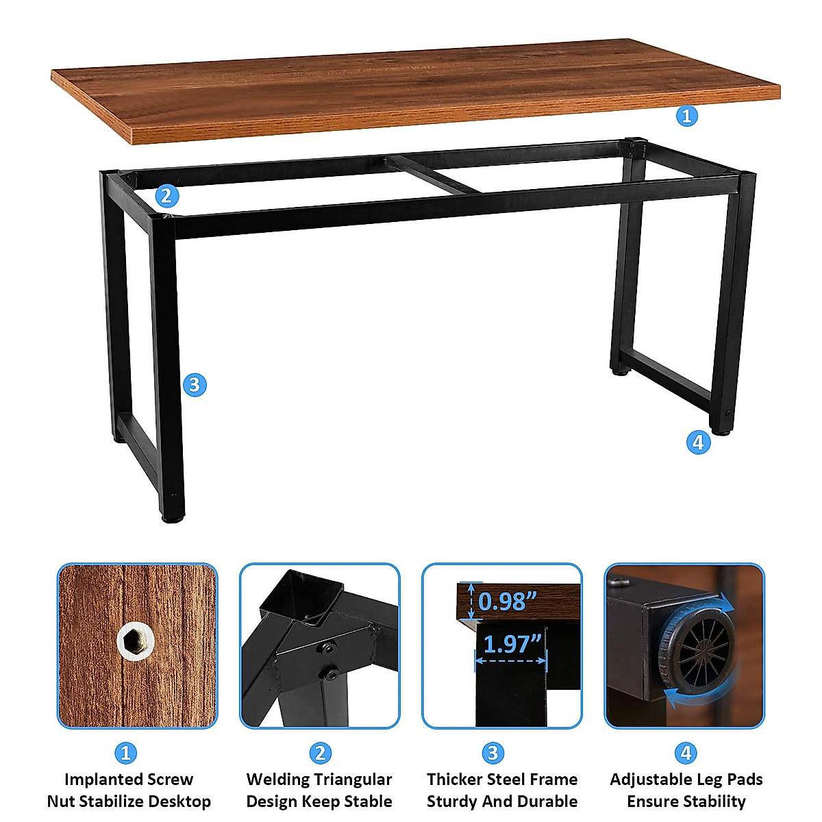 Computer Desk Writing Desk Office Desk Home Desk 63" Metal Frame Sturdy Stable Laminated MDF Desktop Anti Scratch，for Writing,Games and Home Work Desk Modern Finish Wood Board and Sturdy Steel Legs