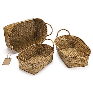 Seagrass Woven Baskets for Storage Natural Shelf Basket with Handle for Organizer Stackable Oval Set of 3 (Large+Medium+Small)